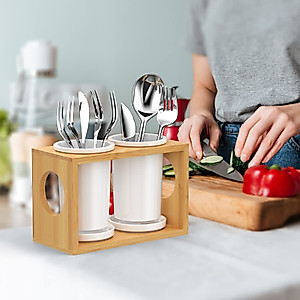 LBSUN Silverware Caddy, Utensil caddy, Ceramic Silverware Holder for Countertop with Natural Bamboo Rack, Ceramic Tray, Utensil Holder for Kitchen Counter, Cabinet, Pantry, Party, Ceramic Tray, White