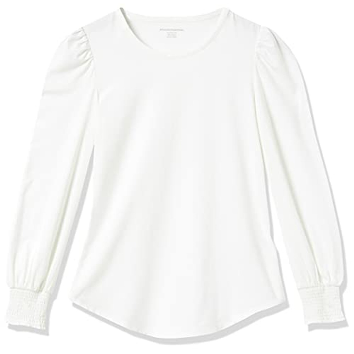Amazon Essentials Women's Long-Sleeve Crewneck Smocked Cuff T-Shirt, White, Small