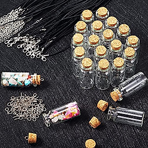 Sawysine 50 Pcs 10 ml Mini Glass Bottles with Cork for Necklace Jars,tiny Wishing Bottles with 50 Pcs Black Waxed Cord and 100 Pcs Clasp Rings for DIY Crafts Bead Container