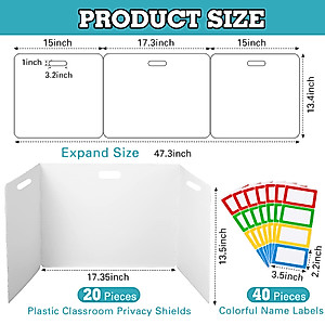 20 Pcs Classroom Privacy Boards for Student Easy Carry Plastic Desks Folders Shields Test Dividers with 40 Colorful Name Labels for School Study Reduces Distractions 15 x 17.3 x 15 Inch, White