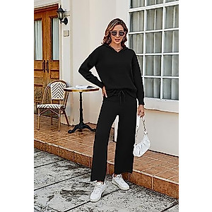 Pink Queen Women's 2 Piece Sweater Outfits Set Pullover Hoodie Top Wide Leg Pants Knit Sweatsuit Lounge Sets Black L