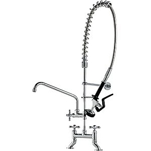 YooGyy Commercial Pre-Rinse Sprayer Faucet 4 to 8 Inch Adjustable Center Deck Mount 36’’ Height, Dual Hole Dual Handles with High Pressure Pull Down Spray Valve and 12’’ Add on Spout