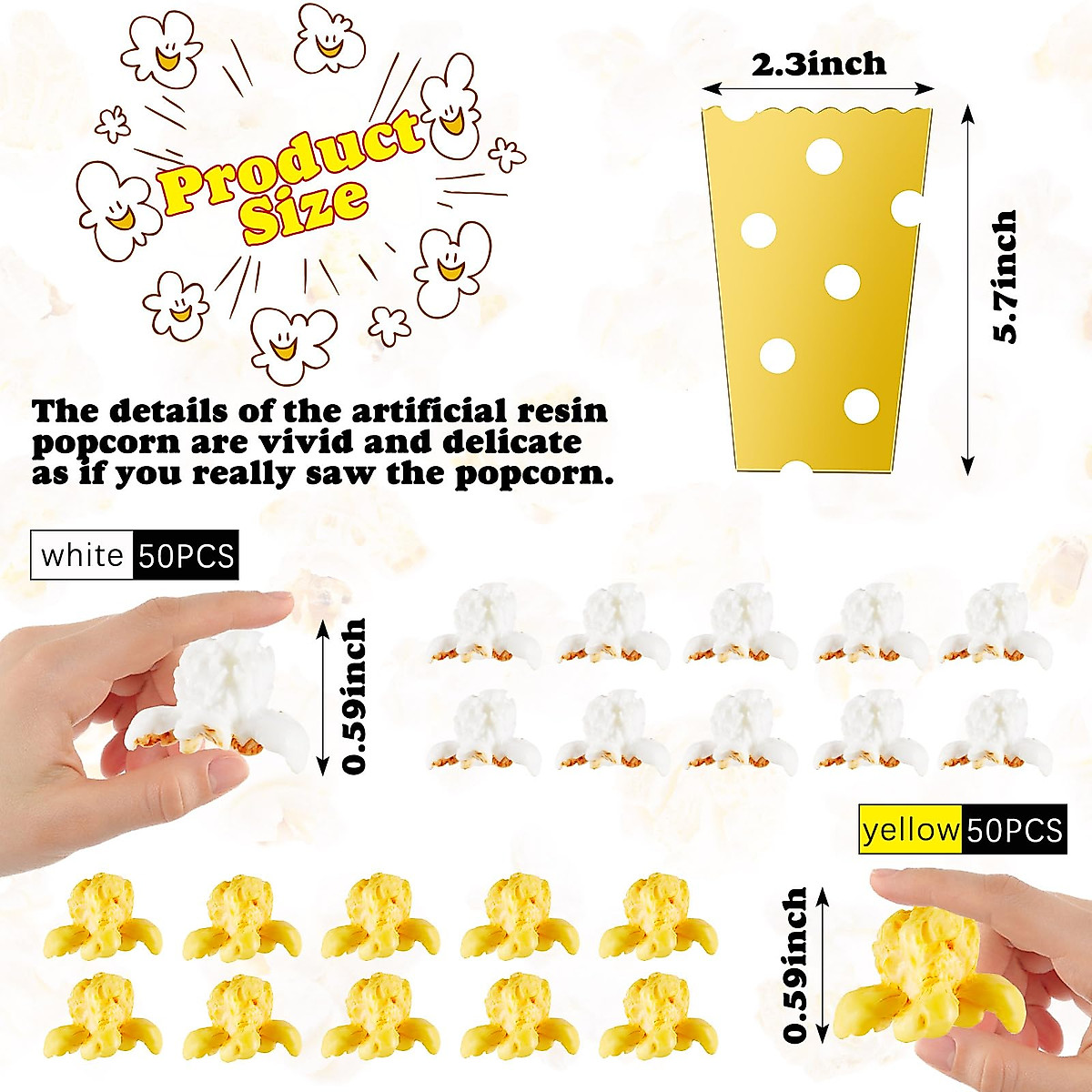 100 Pieces Miniature Resin Popcorn Decor Artificial Lifelike Popcorn Fake Popcorn Decorations with Mini Popcorn Boxes Cardboard Popcorn Container for Party DIY Photo Props, Small Popcorn Models Decor