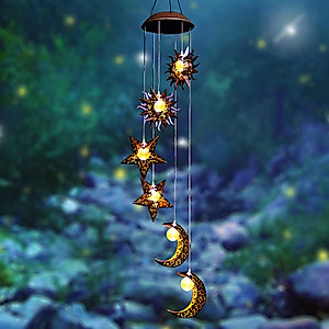 Tryme Solar Powered Wind Chimes with Sun Moon Star Warm LED Windchimes Hanging Outdoor Lights Unique Decor Gifts for Wife Mom Grandma Neighbors