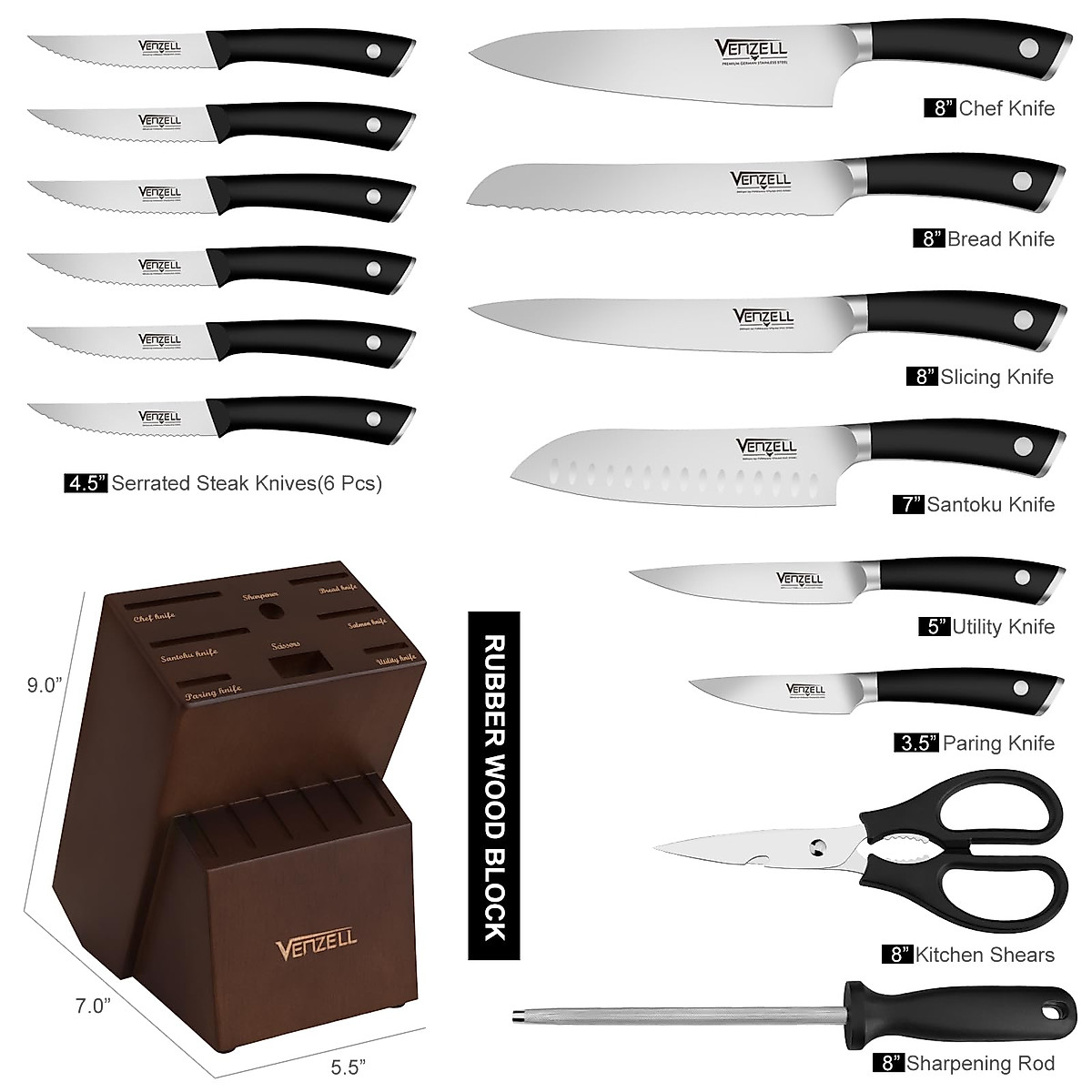 VENZELL 15 pcs Knife Set with Block, Premium Quality High Carbon Stainless Steel Kitchen Knife Set