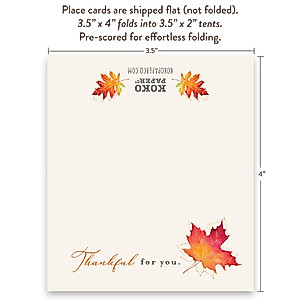 Koko Paper Co Maple Leaf Thankful for You Thanksgiving Table Place Cards | 50 Tent Style Dinner Setting Name Cards | Designed and Made in the U.S.A.