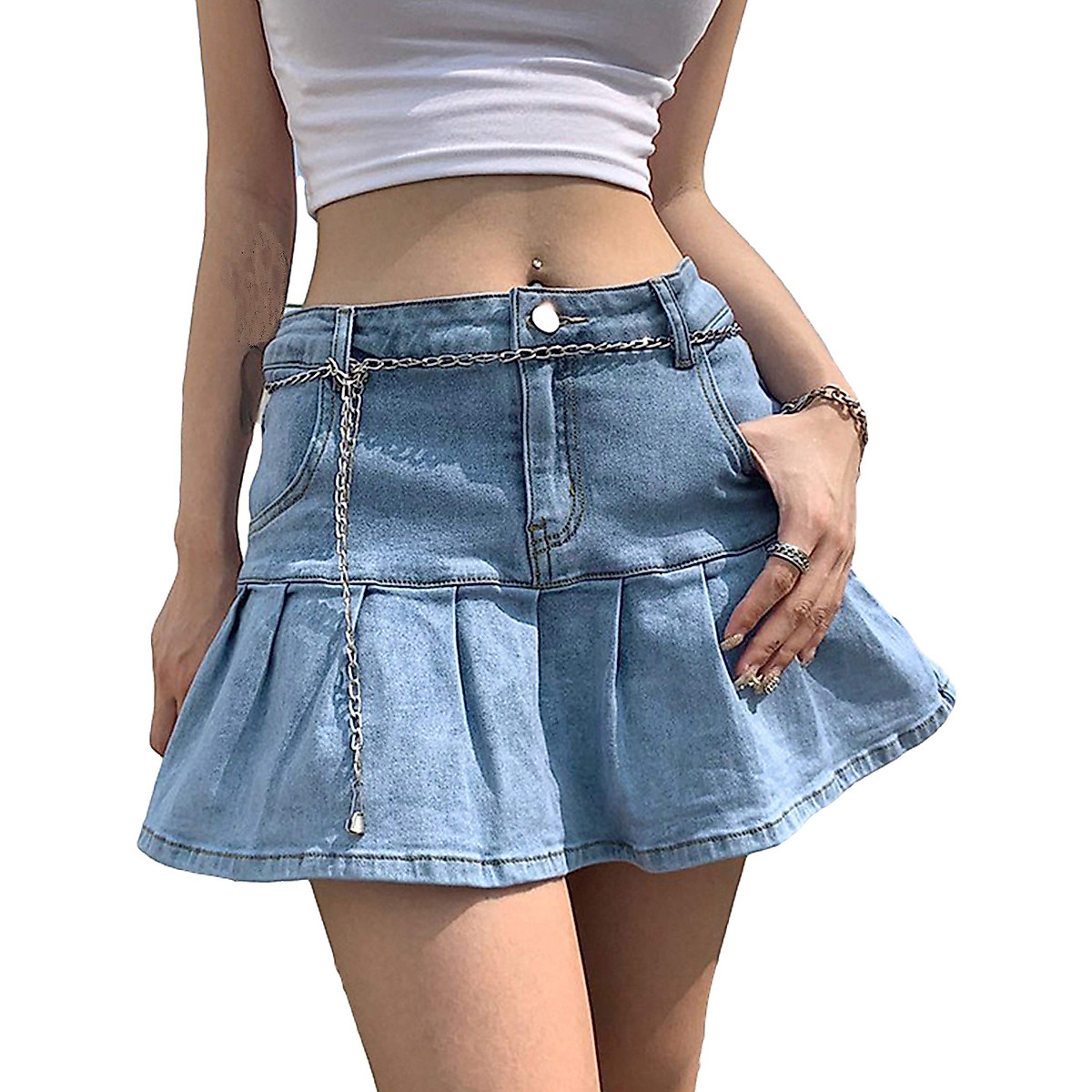 Yeokou Women's Casual Slim A-line Pleated Ruffle Short Mini Denim Skirts (XS, LightBlue)