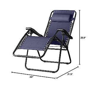 Amazon Basics Outdoor Textilene Adjustable Zero Gravity Folding Reclining Lounge Chair with Pillow, 26", Navy Blue