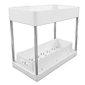 Bonwuno Under Sink Organizer Large Capacity, 2 Tier Slide Out Cabinet Basket Organizer, Cabinet Storage Shelves with Hooks,for Bathroom Kitchen Laundry (White)