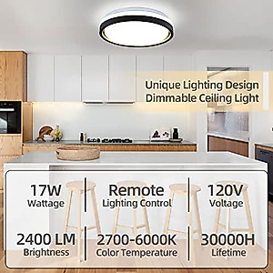 Hurrah LED Ceiling Light Fixture with Remote Control - 17W Flush Mount Dimmable Ceiling Lamp Black Round 2700K-6500K 11.8in Close to Ceiling Lighting for Bedroom Living Room Hallway Kitchen