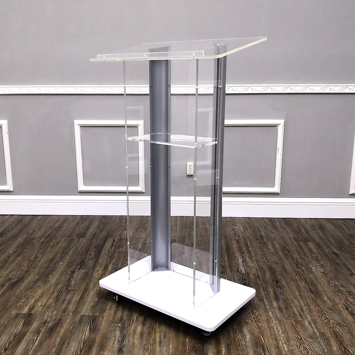 FixtureDisplays Clear Acrylic Plexiglass Podium Curved Steel Sides Church Pulpit School Lectern Debate Funeral Home Conference 14310-NF