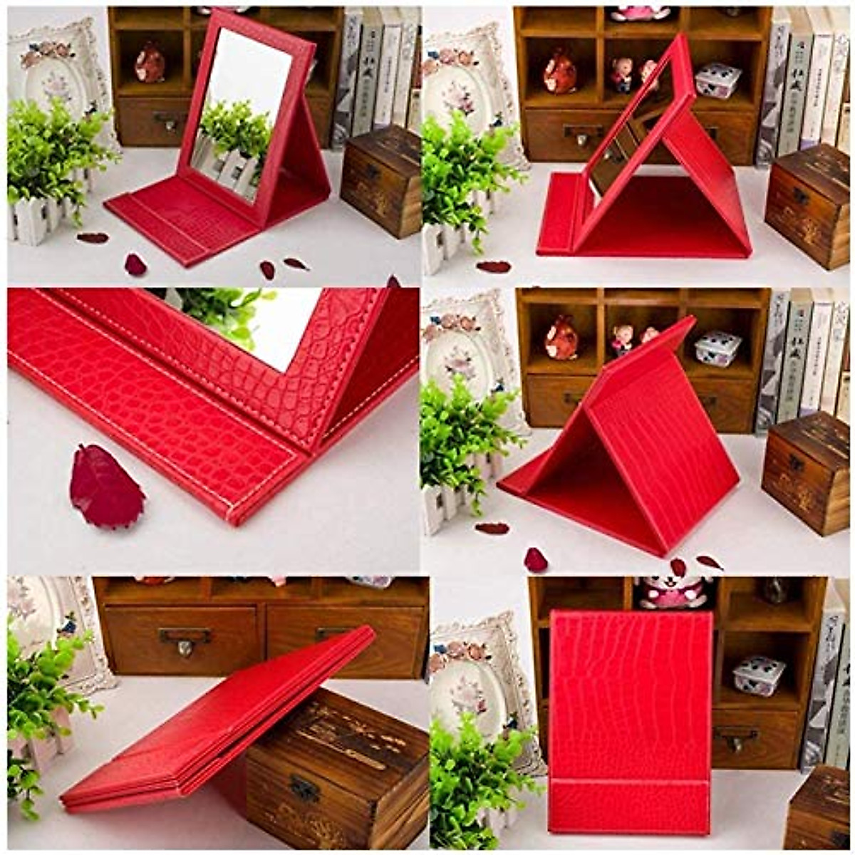 YGCBL Wall-Mounted Mirror,Makeup Mirror with Travel, Folding Mirror Desktop Mirror Desk Free Standing Portable Vanity Mirror for Travel, Bathroom Mirrors Wall-Mounted,Red