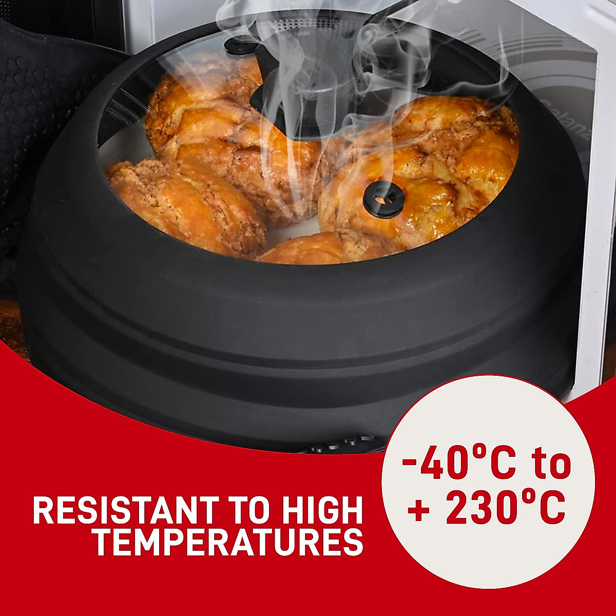 Microwave Splatter Cover Glass - Collapsible Microwave Splatter Cover for Plate & Bowl - Tempered Glass Top, Food-Grade Silicone Dome with Heating Vents & Heat-Safe Handle