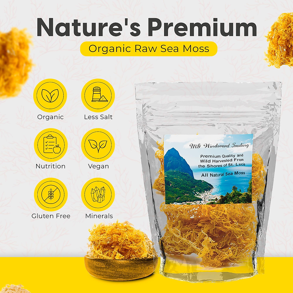 Certified Wild Harvested Gold Irish raw Sea Moss from St.Lucia,Makes 165 oz gel, Dr.Sebi Grade,Wild Harvested Powerful Antioxidants,Vitamins,Minerals and Nutrients All Natural,4 Ounce (Pack of 1)