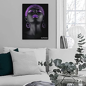 Xuxwhwy African American Poster Purple Earrings Necklace Black Pretty Girl Canvas Prints Wall Art Pictures for Living Room Bedroom Oil Paintings for Office Home Decorations 16X24 in (Unframed)