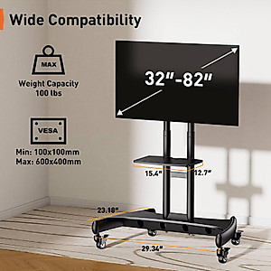 Mobile TV Cart for 32-75 Inch Flat/Curved LED/LCD/OLED TVs Rolling TV Stand with Height Adjustable Shelf Max VESA 600x400mm up to 100lbs-Outdoor TV Stand Trolley with Wheels- PGTVMC05