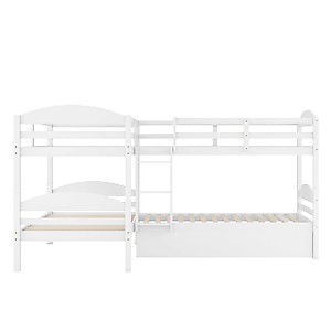 Bellemave Quad Bunk Bed with Trundle L-Shape Bunk Bed Twin Over Twin Corner Bunk Bed for 4 or 5 Kids Boys Girls Teens, White