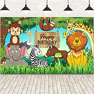 Jungle Animal Theme Backdrop for Birthday Party, Large Fabric Safari Animal Elements Printed Happy Birthday Backdrop Funny Cartoon Forest Background for Birthday Party Decorations, 6 x 3.6 ft