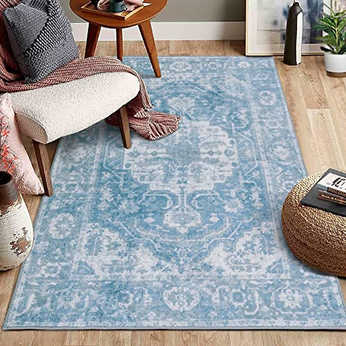 Fashionwu Washable Rug 8x10 Persian Area Rug Medallion Non-Slip Floor Mat Soft and Velvet Large Floor Cover for Bedroom Living Room 8x10 Rug Aesthetic Carpet Non-Shedding Anti-Slip Large Mat, Teal