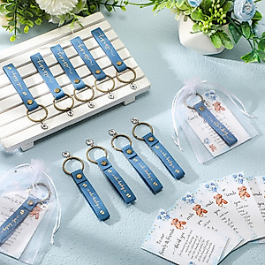 Ecally 50 Sets Baby Shower Favors for Guests PU Leather Keychain Bear Thank You Cards Organza Bags Gender Reveal Gifts (Blue, Boy Style)