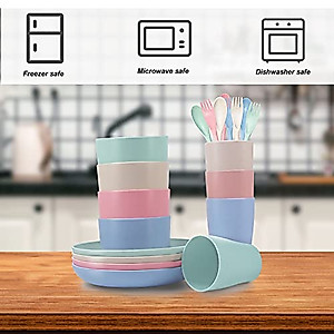 Plastic Plates and Bowls Sets, 20pcs Wheat Straw Dinnerware Sets, Kitchen Plates Cups and Bowls Set, Camping Reusable Plates and Bowls Sets, TIMDAM Lightweight Bowls, Unbreakable Dinner Plates