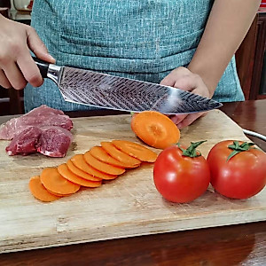 HaoMing Kitchen Knife 8 Inch Damascus Pattern Chef's Knife High Carbon Stainless Steel Sharp Paring Knife with Ergonomic Color Wood Handle