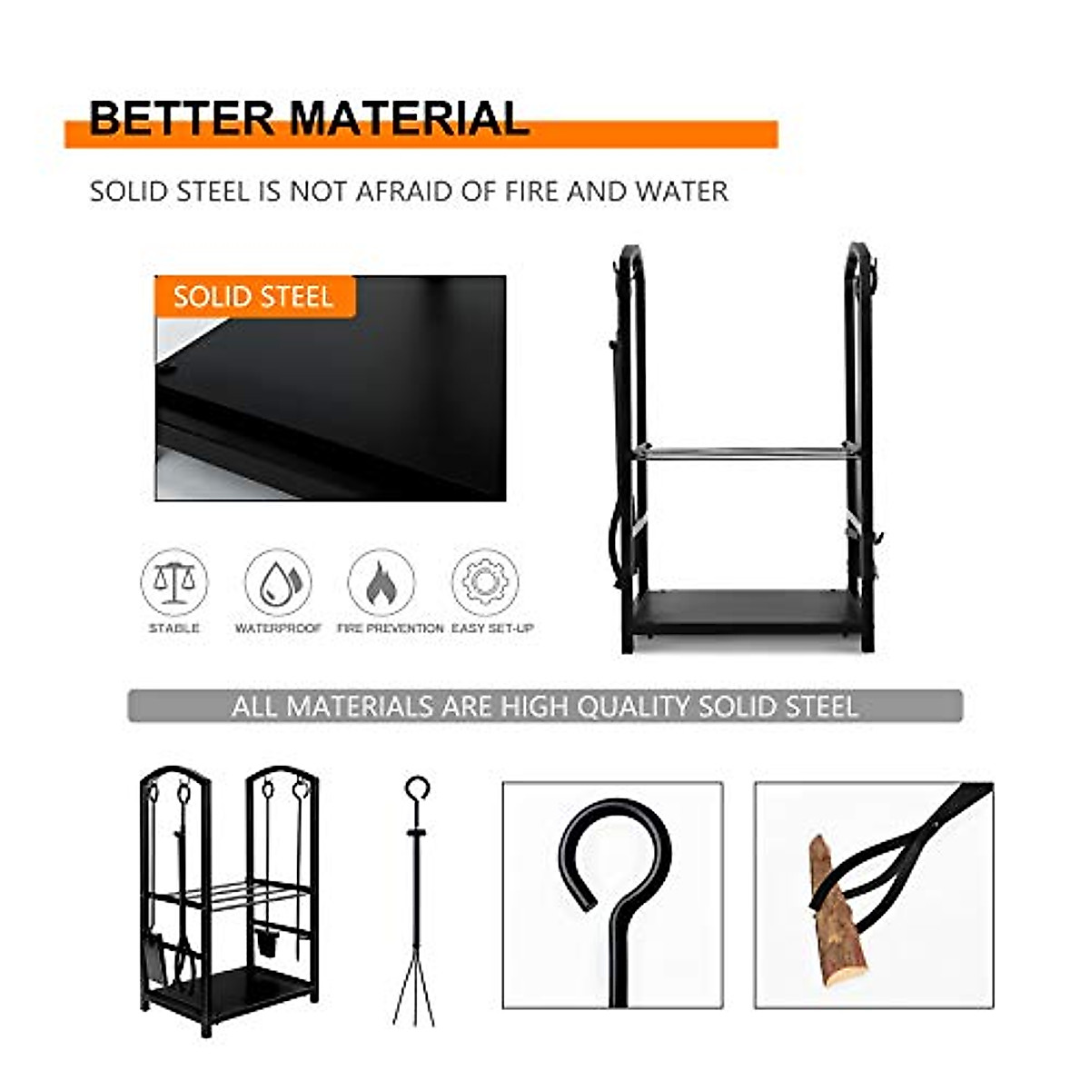 WBHome Firewood Rack with 4 Tools - Iron Fire Log Holder Storage Set Includes Brush, Shovel, Poker, and Tongs, 17 x 29 x 12 inches, for Indoor/Outdoor