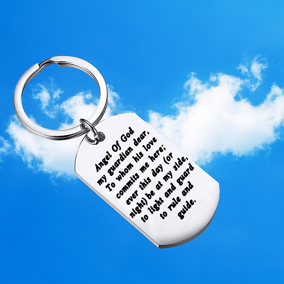 BEKECH Guardian Angel Keychain Angel of God My Guardian Dear Prayer Dog Tag Pendant Keychain Guardian Angel Protect Traveller Gift Religious Baptism Gift (silver)