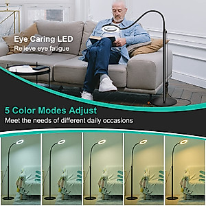 Drdefi 10X Magnifying Floor Lamp with Light, 24" Flexible Gooseneck Standing Magnifying Glass, 3-in-1 LED 5 Color Modes Stepless Dimmable Lighted Magnifier Lamp Hands-Free for Close Work, Reading