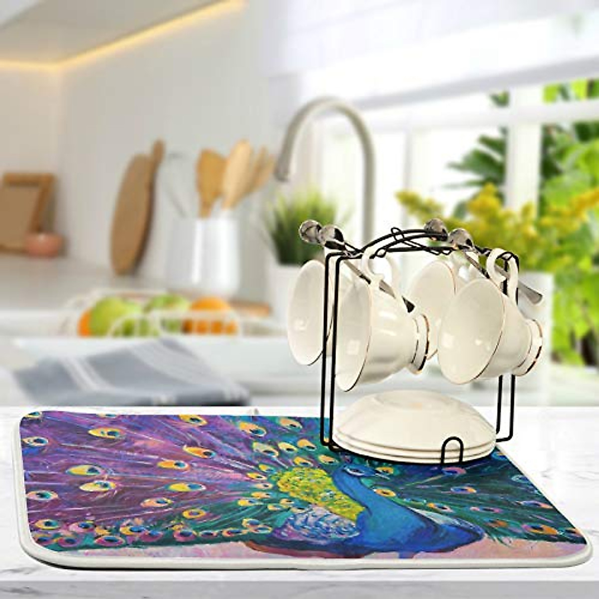 Painting Beautiful Peacock Animal Dish Drying Mat 24"x18" Absorbent Machine Washable Hanging Fast Dry Pad Dish Protective Mat for Kitchen Countertop Heat Resistant Dinner Table Mat