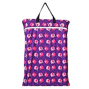 Large Hanging Wet/Dry Cloth Diaper Pail Bag for Reusable Diapers or Laundry (Purple Elephant)