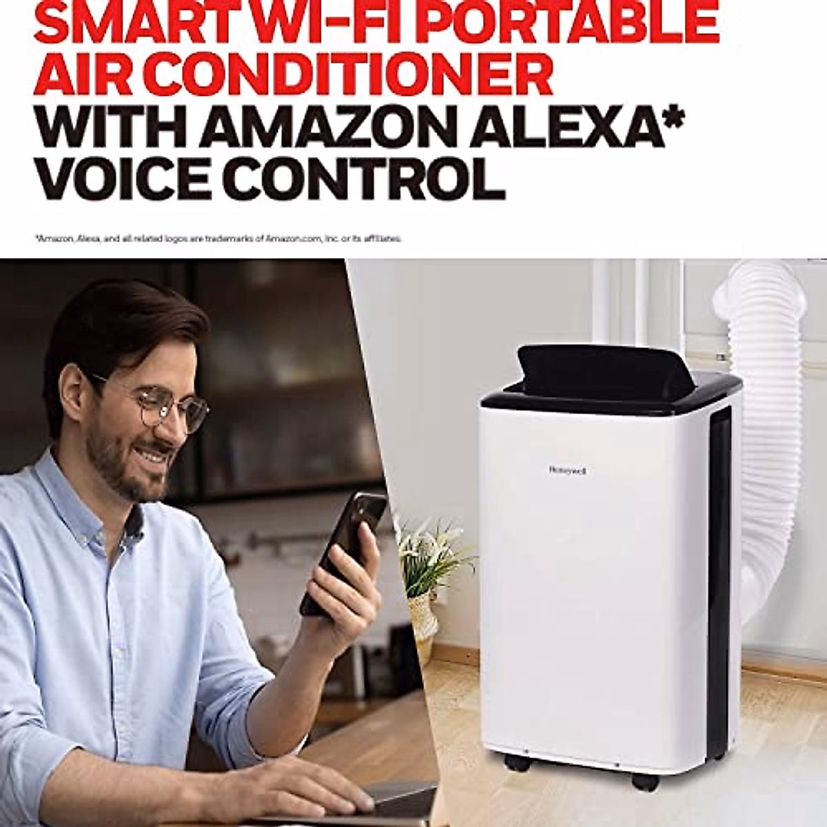 Honeywell 8,000 BTU Smart WiFi Portable Air Conditioner For Bedroom, Office, Living Room, Kitchen, 115V, Cools Up to 350 Sq. Ft. with Dehumidifier, Remote Control and Alexa Voice Control, White