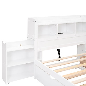 YOPTO Full Size Bed Frame with Storage Headboard with Charging Station,Wood Platform Bed with Twin Size Trundle,Pull Out Shelves and Drawers for Kids,Noise Free,No Box Spring Needed,White