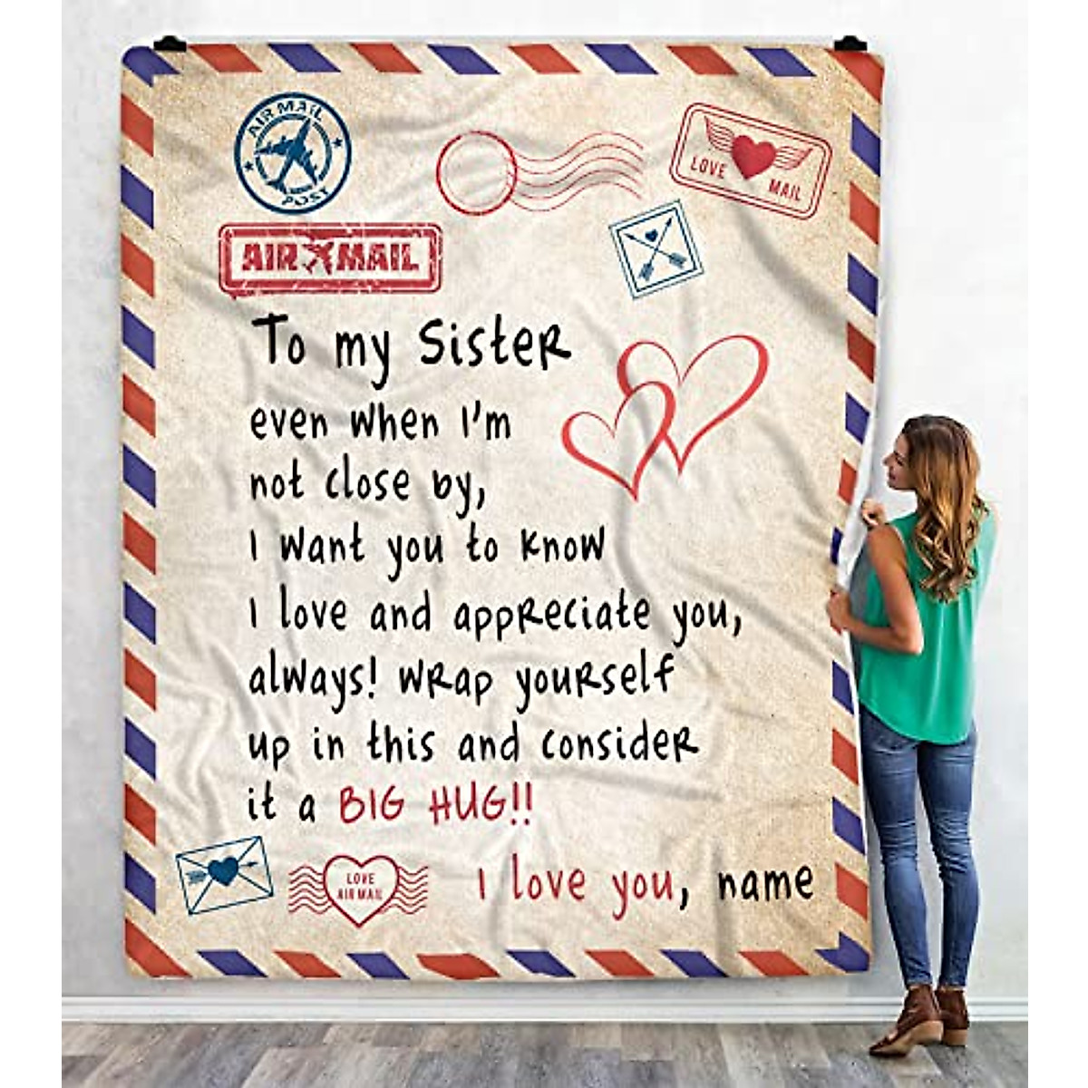 Personalized Air Mail Letter to My Sister Throw Blanket, Gift to My Big Sister from Little Brother,Customized Name,Gift to My Sister Blanket from Brother,Custom Blanket for Birthday, Christmas