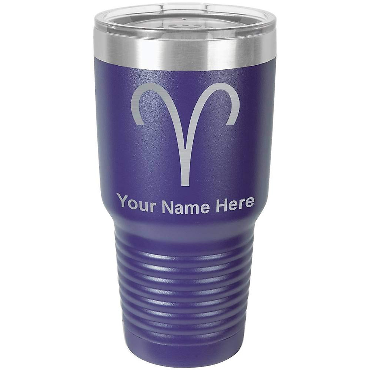 LaserGram 30oz Vacuum Insulated Tumbler Mug, Zodiac Sign Aries, Personalized Engraving Included (Dark Purple)