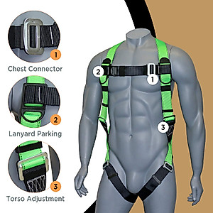 AFP Universal Full-Body Fall Protection Safety Harness with Dorsal D-Ring and Mating Buckle Legs | High-Visibility Green | Shock Absorbing Lanyard & Tool Lanyard (OSHA/ANSI)