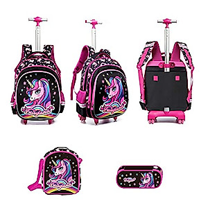Unicorn Backpacks Trolley Bag Set for Girls, Primary School Bag Wheeled Backpack with Lunch Bag Pencil case Ideal for 1-6 Grade Students