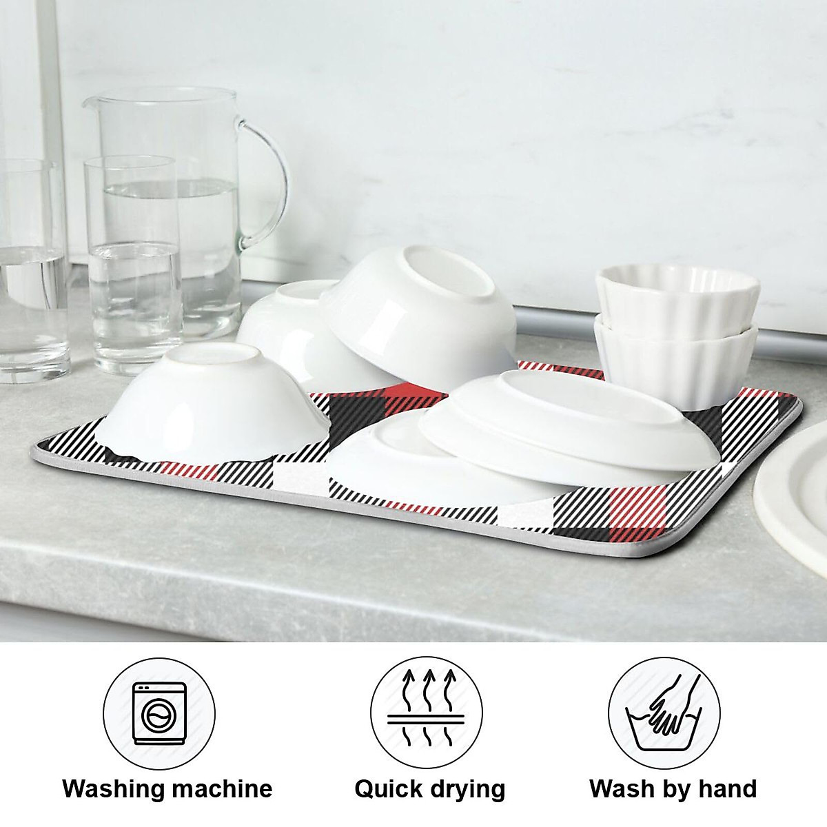 Christmas Buffalo Plaid Tartan Check Scotland Black Red Dish Drying Mat Medium Dish Draining Mat For Kitchen Counter Dry Matt For Dishes Absorbent Mat XL Drying Mat For Dishes 18 x 24 Inches