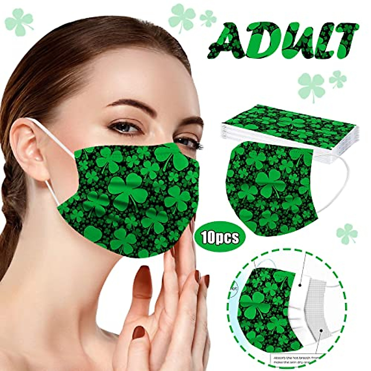 10 PC St Saint Patricks Day Disposable Face_Mask for Adults, Breathable Face_Mask with Shamrock Print,Green Disposable_mask with Nose Wire for Women Men Holiday Party