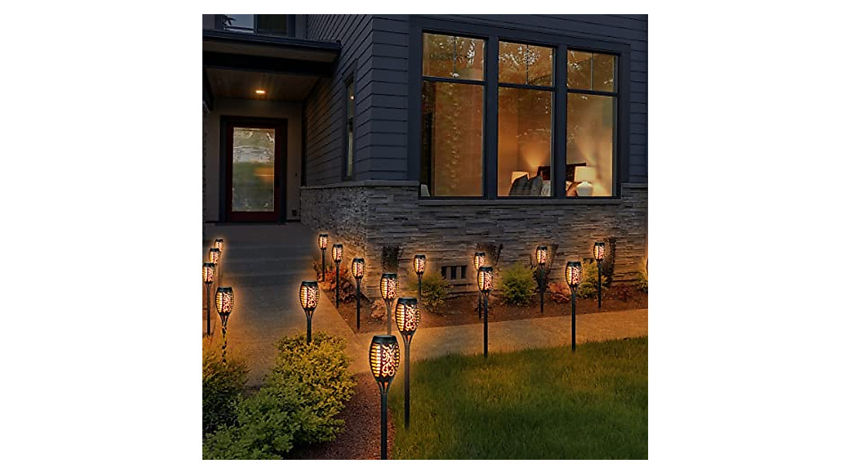 Exhart Solar Garden Lights - Set of 4 Flickering Flame Torches