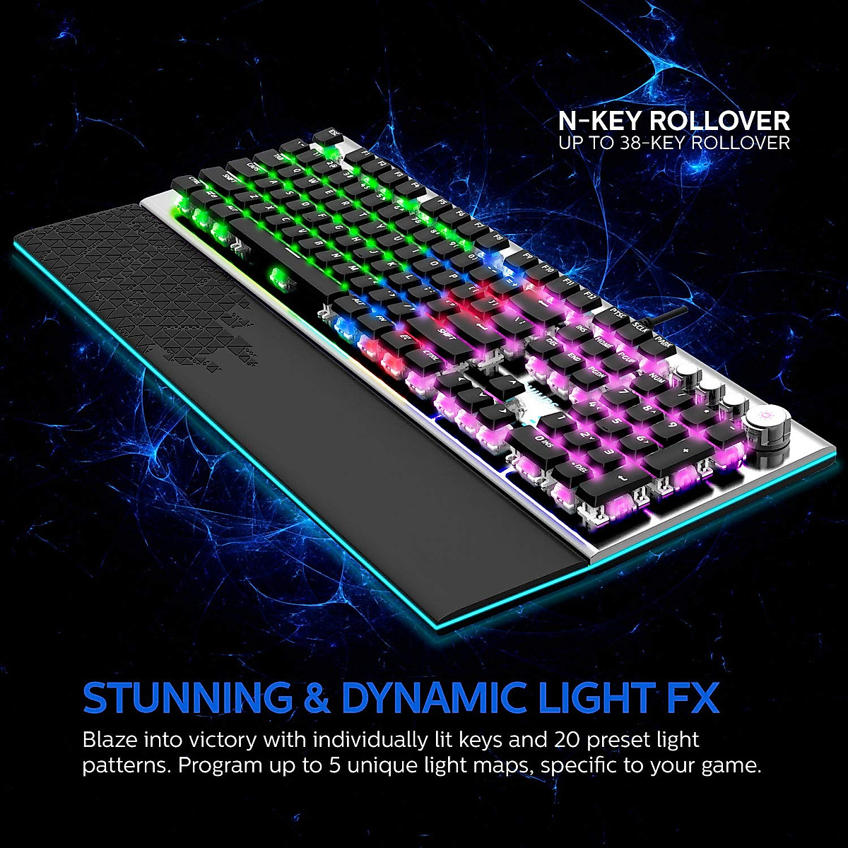 PHILIPS Wired Gaming Keyboard with Palm Rest | LED RGB Mechanical Keyboard w/Custom Cyan Crystal Switches, 38-Key Aliasing, Multimedia Control Dials | 20 Light FX, Custom Light Maps (SPK8624)