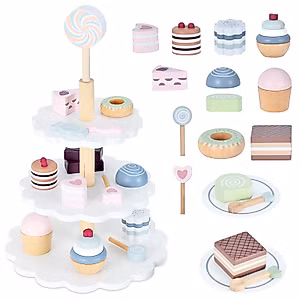 Wooden Tea Party Set for Little Girls, Ehome Princess Tea Time Toy Including Dessert Tray Cake, 22pcs Kids Dessert Toys Pretend Play for Girls Boys Age 3-6