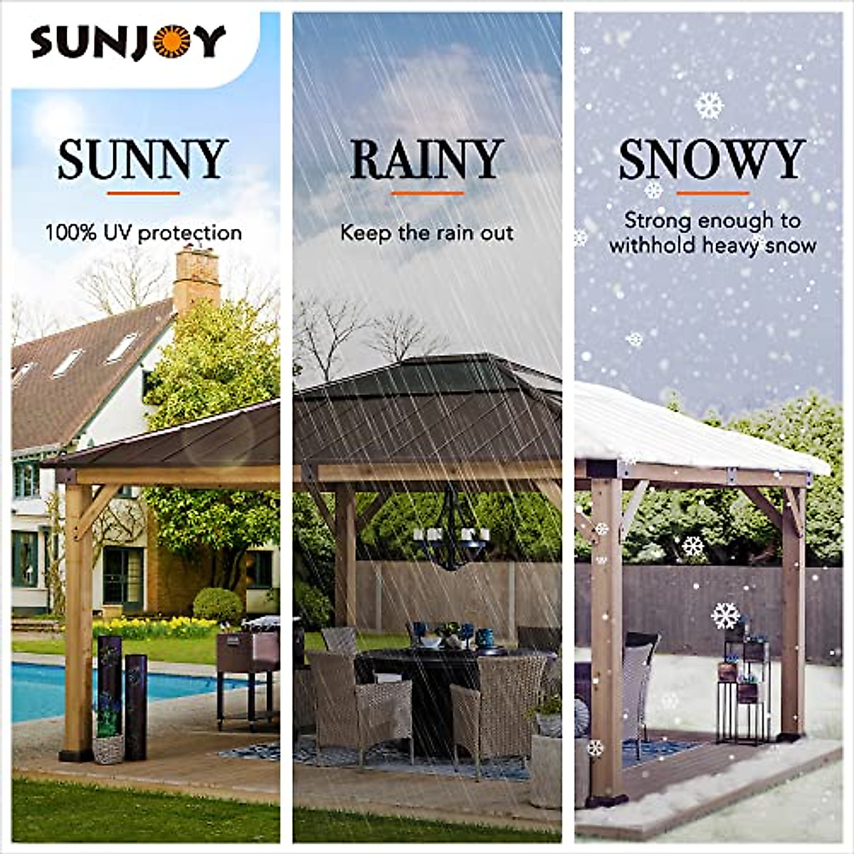 Sunjoy Hardtop Gazebo 13 x 15 ft. Standard Cedar Framed Wood Gazebo with Brown Steel and Polycarbonate Hip Roof Hardtop for Garden, Backyard Shade, Brown Roof + Natural Wood Frame