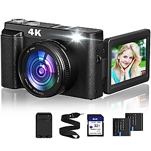 4K Digital Camera for Photography and Video Autofocus 48MP Vlogging Camera for YouTube with SD Card 3” Flip Screen Flash 16x Zoom Anti-Shake Travel Camera 2 Batteries|Battery Charger for Beginner