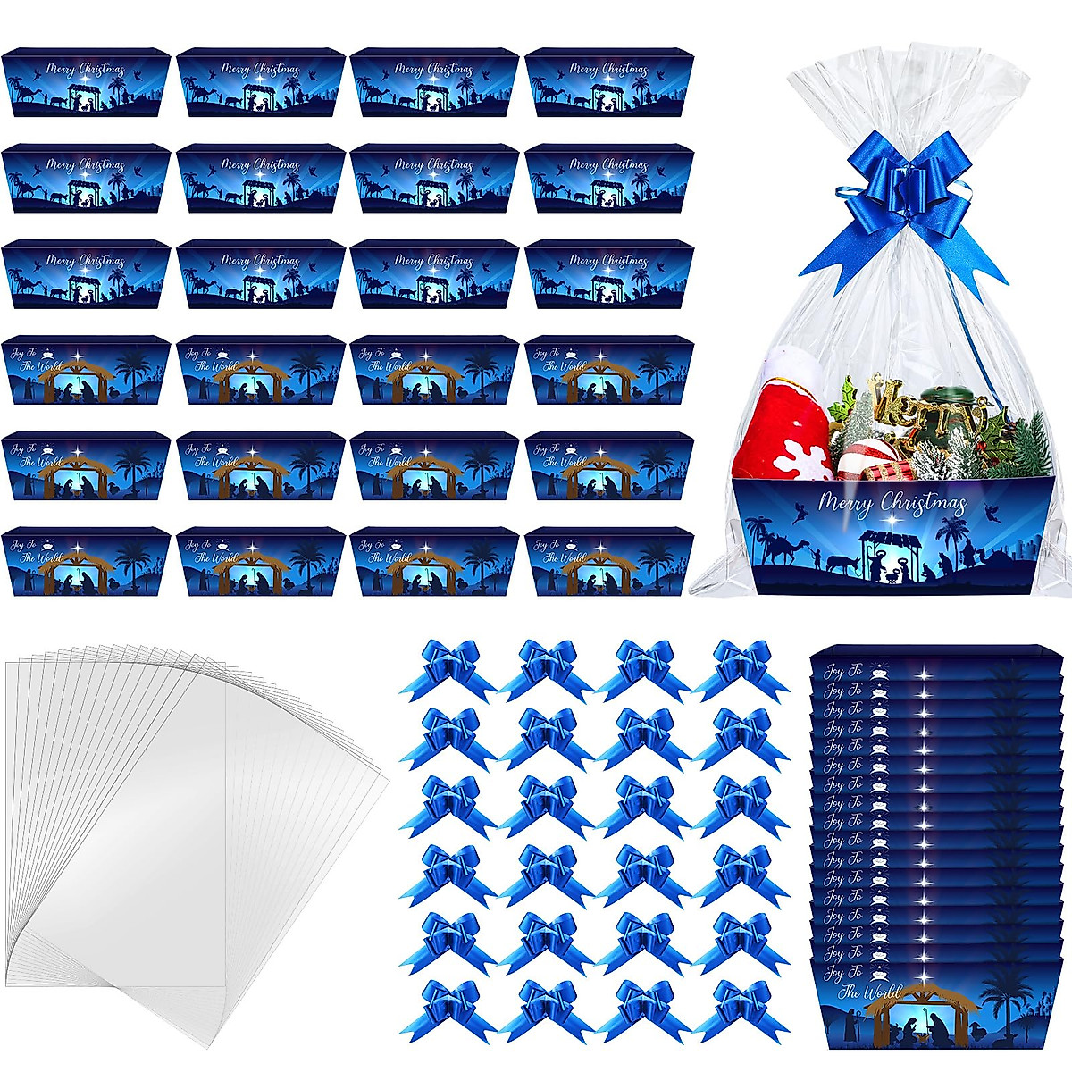 Cholemy 72 Pcs Christmas Gift Baskets Empty to Fill Kit DIY Basket for Gifts Empty Bulk 24 Market Tray Favor with Handles 24 Clear Basket Bags 24 Bows for Xmas Holiday Birthday(Nativity Scene)