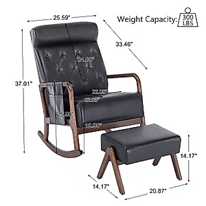 Neylory Rocking Chairs Nursery with Ottoman, Mid-Century Style Upholstered Glider Rocker with High Backrest for Living Room Bedroom Office, Side Pocket, PU Leathaire (Retro Black)