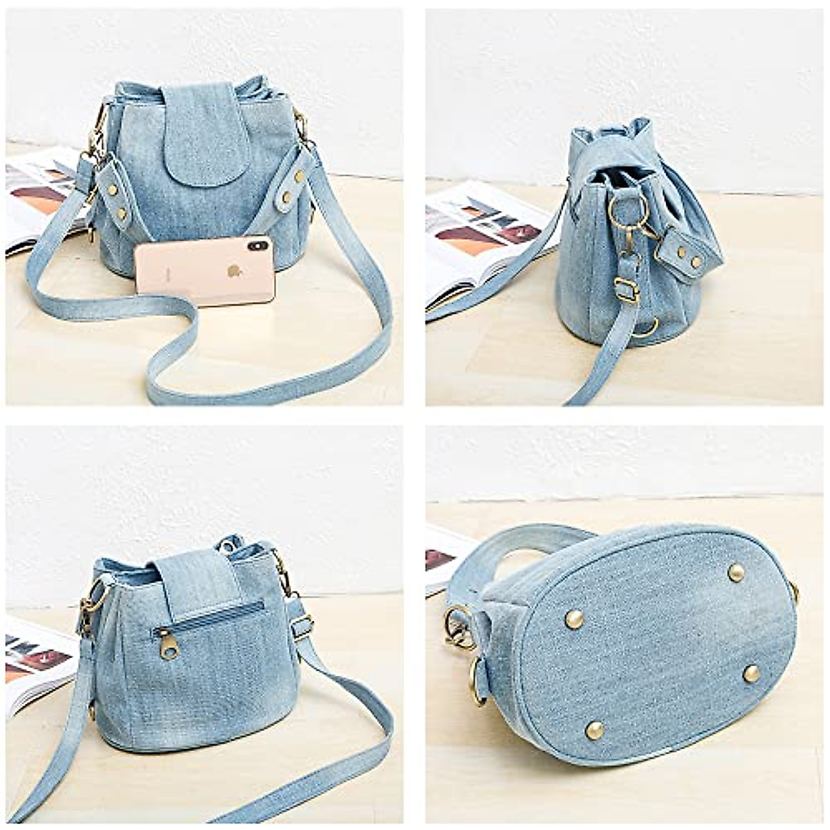 NIGEDU Casual Denim Bucket Shoulder Handbag Women Crossbody Bags Large Capacity Female Tote Vintage Canvas Purse Bag (Dark Blue)
