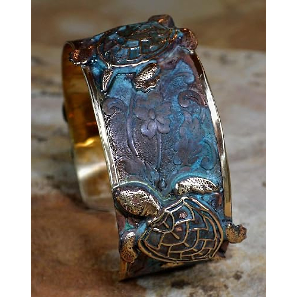Elaine Coyne Jewelry | Sea Turtle Bracelet for Women, Adjustable Brass Cuff Bracelet for Women, Artisan Classic Jewelry Turtle Cuff/Arm Cuff Made of Verdigris Patina Brass | Elaine Coyne Cuff Bracelet
