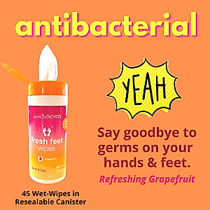Fresh Feet Wipes -for Kids and Adults - Antibacterial Refreshing Grapefruit Wet Wipes Resealable Canister - 45 foot, hand, body wipes | by Jasmine Seven