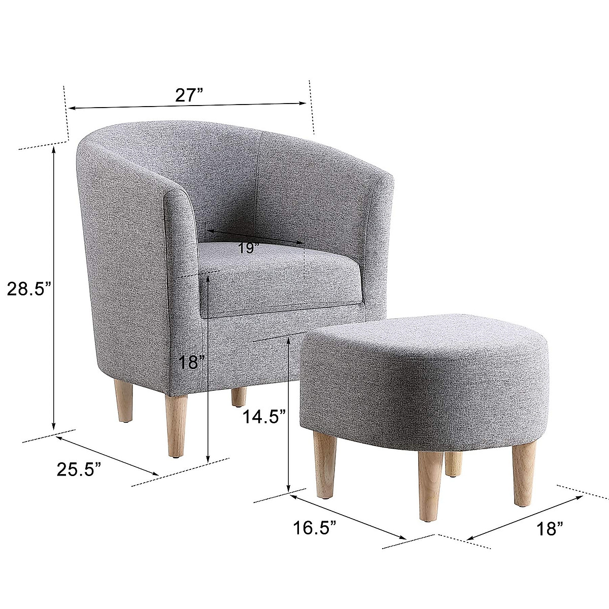 DAZONE Accent Chair with Ottoman, Mid Century Modern Barrel Comfy Fabric Armchair and Footrest Set, Upholstered Club Tub Round Arms Chair for Living Room Bedroom Reading Room, Grey